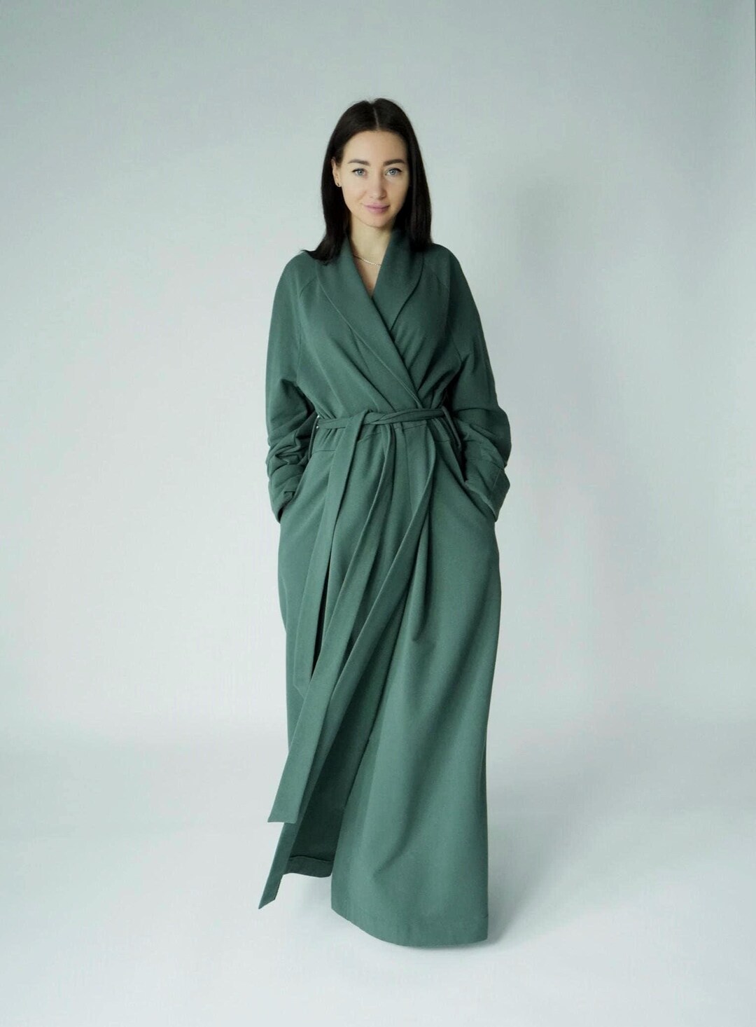 Warm Green Cotton Robe / Long Robe From Organic Cotton / Dressing Gown ...