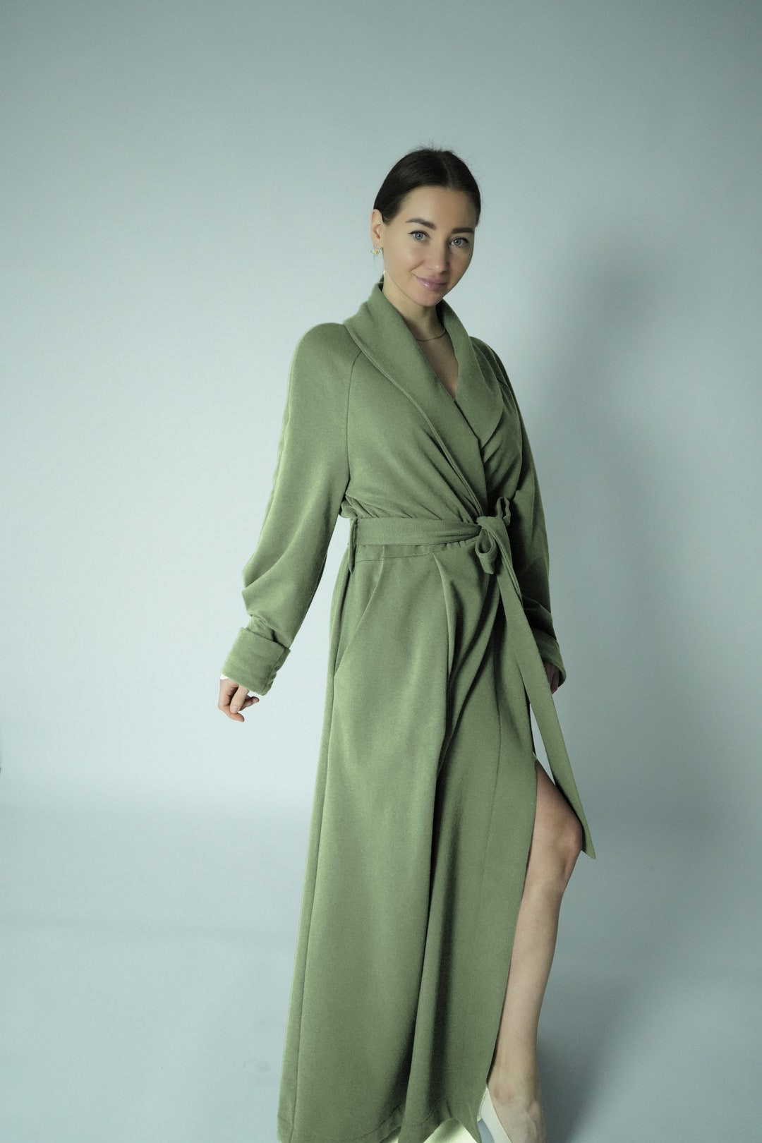 Warm Long Robe Eco Cotton Jersey Light Green Robe / Floor Length Robe ...