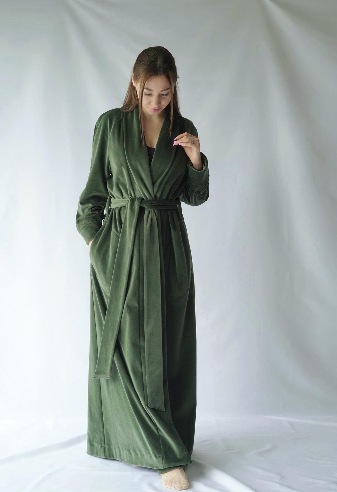 Floor Length Organic Cotton Velvet Robe / Green Velvet Dressing Gown ...