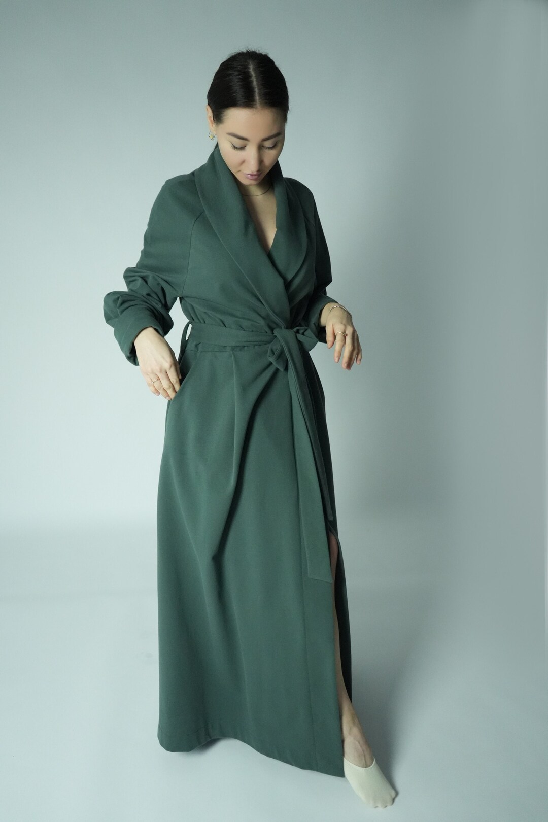 Warm Long Green Robe Organic Cotton / Robe With Pockets / Warm Dressing ...