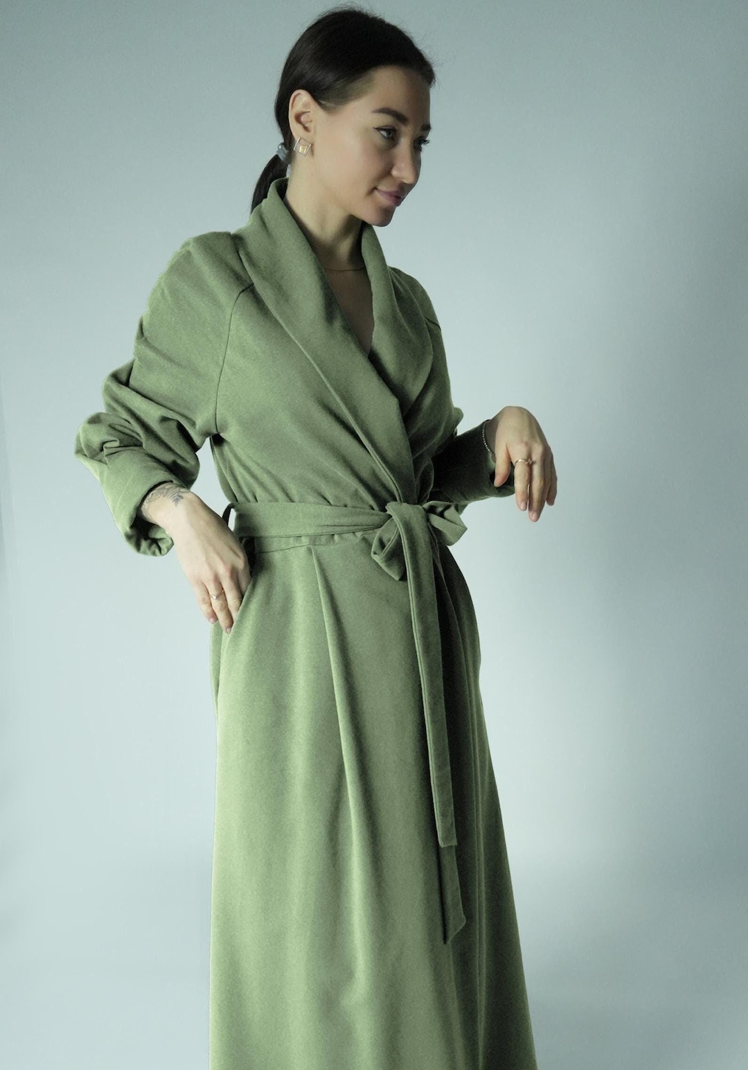 Warm Long Robe Eco Cotton Jersey Light Green Robe / Floor Length Robe ...