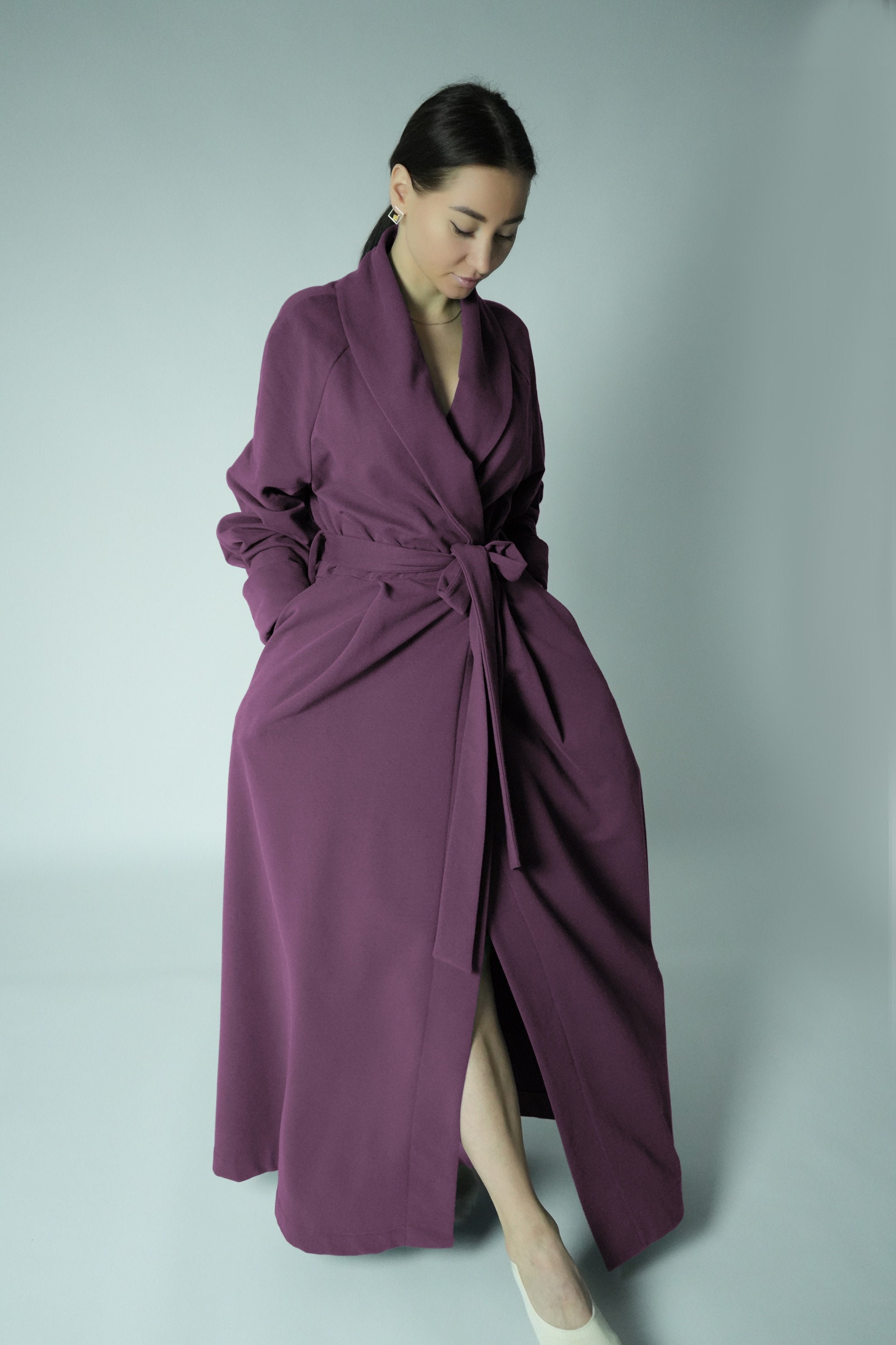 Warm Robe Organic Cotton Blackberry / Long Robe With Pockets / Floor ...