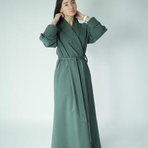 Warm Long Green Robe Organic Cotton / Robe With Pockets / Warm Dressing ...