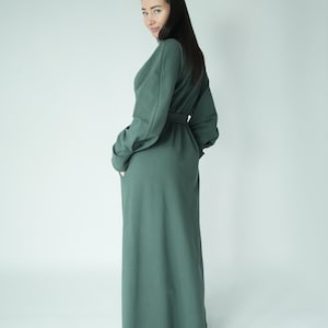 Warm Long Green Robe Organic Cotton / Robe With Pockets / Warm Dressing ...