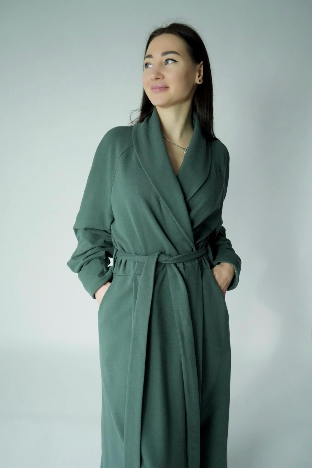 Warm Green Cotton Robe / Long Robe From Organic Cotton / Floor Length ...