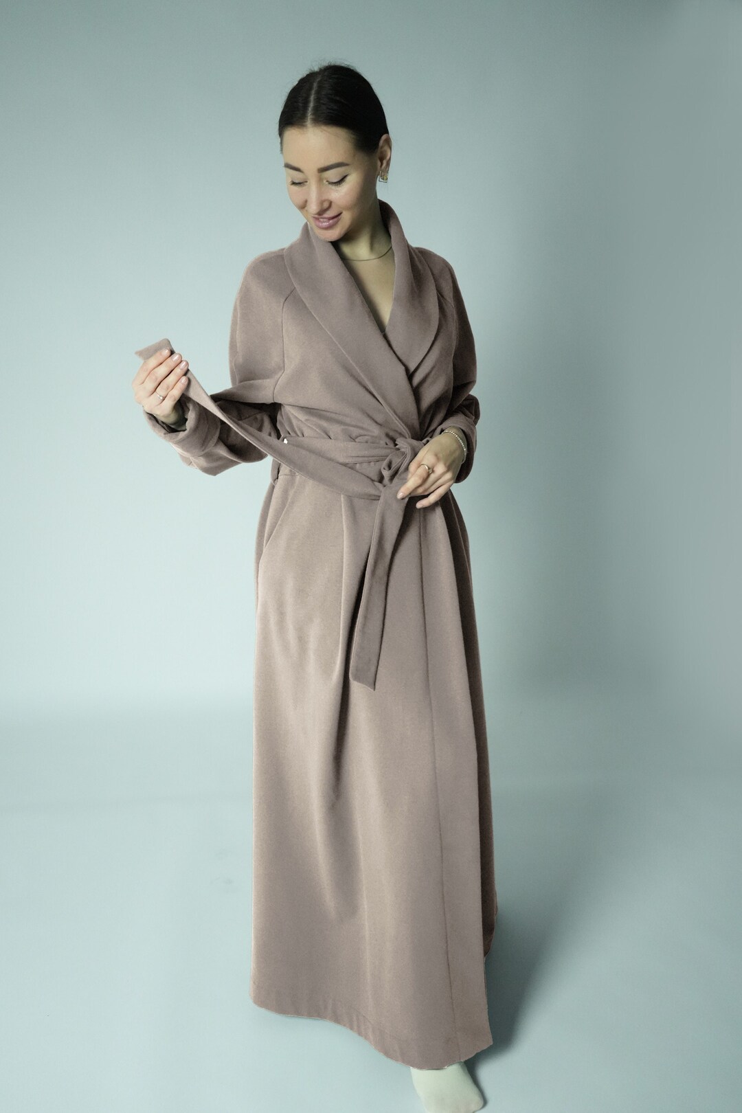 Warm Long Robe Eco Cotton Jersey / Floor Length Cotton Robe / Beige ...