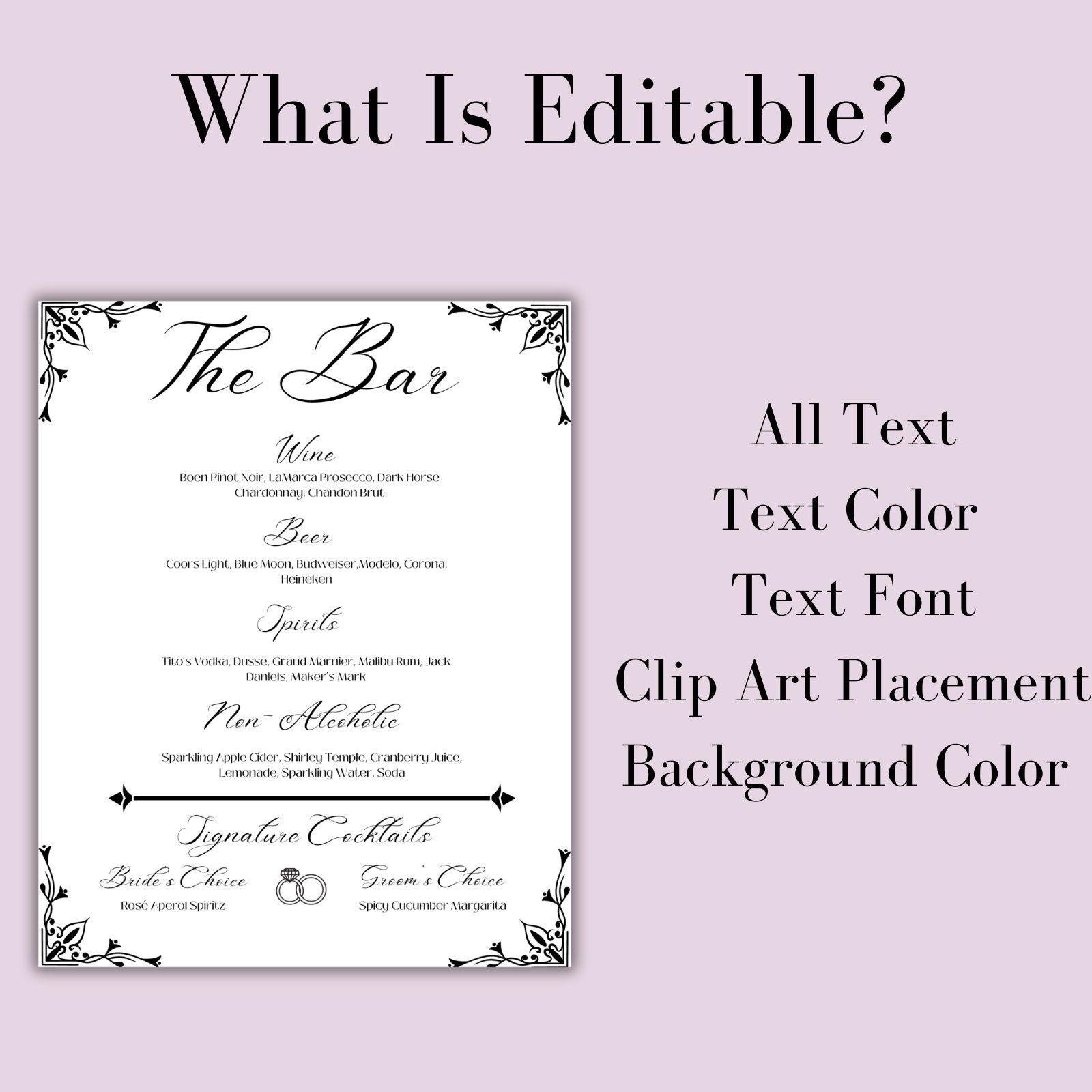 Wedding Bar Menu Template, Elegant Bar Menu, Wedding Sign Template ...