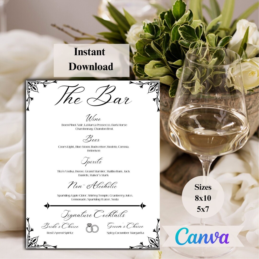 Wedding Bar Menu Template, Elegant Bar Menu, Wedding Sign Template ...
