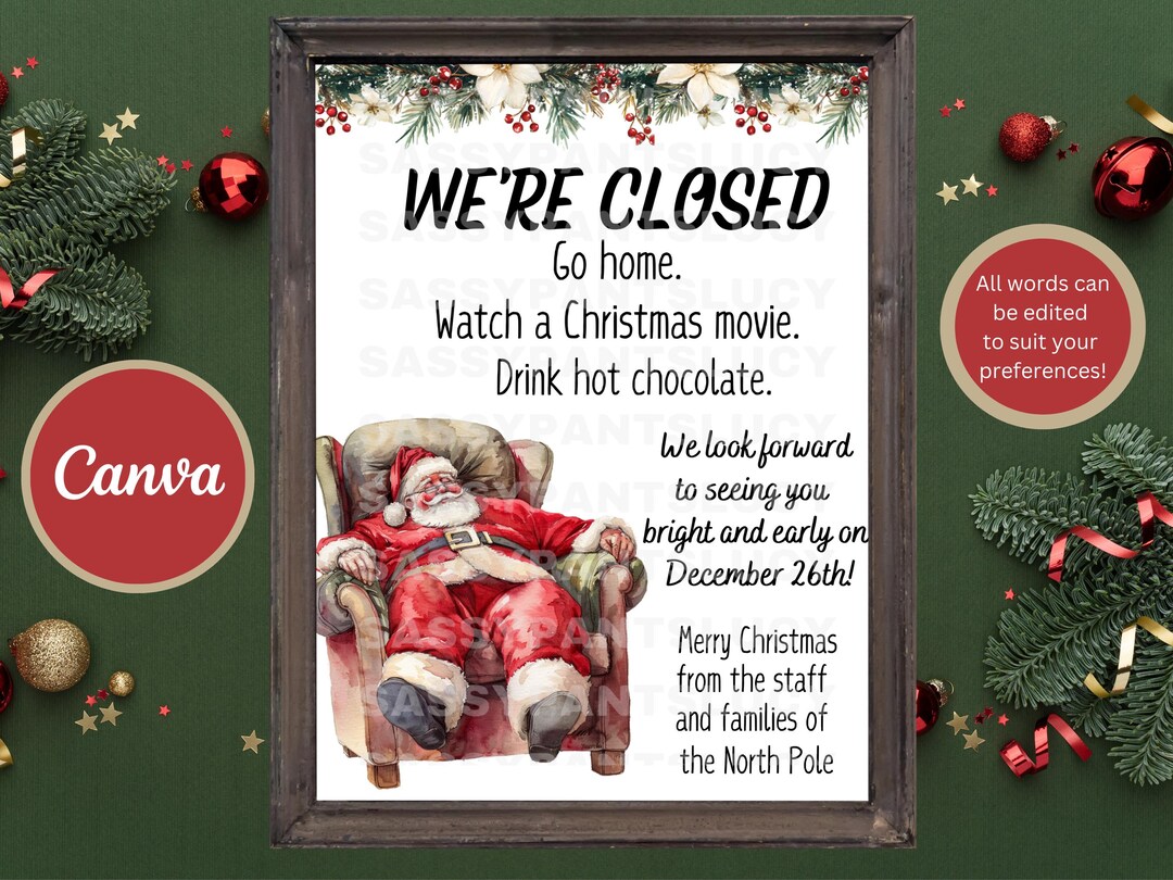 Editable Closed for Christmas Sign: Business Holiday Decor (8.5 X 11 ...