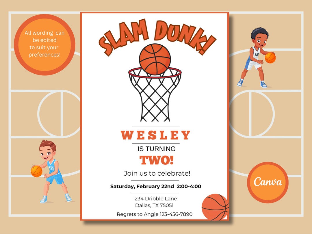 Slam Dunk Basketball Birthday Invitation: Editable Canva Template ...