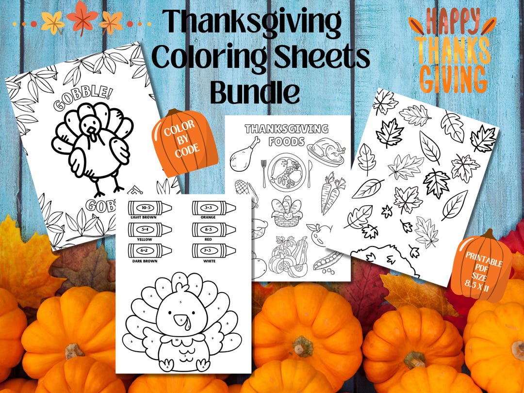 THANKSGIVING COLORING SHEETS, Bundle of Four Coloring Sheets, Color by ...