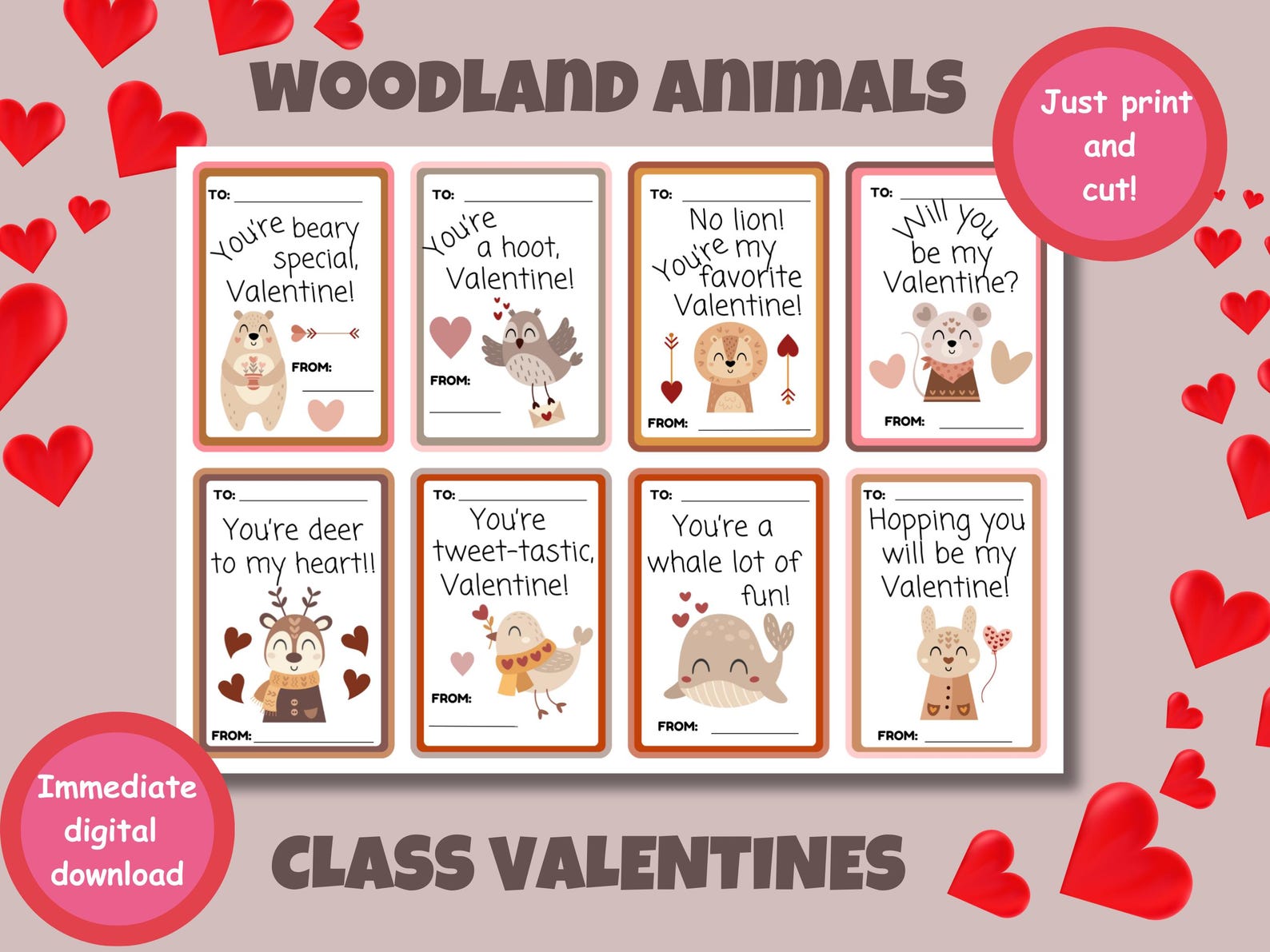 PRINTABLE Adorable WOODLAND Animals Valentines for Valentine Exchange ...