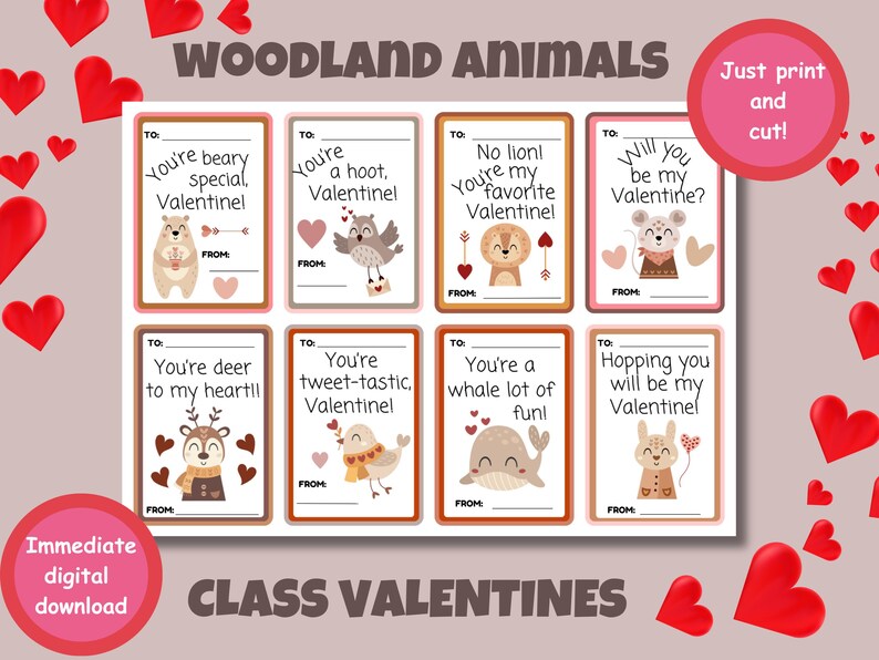 PRINTABLE Adorable WOODLAND Animals Valentines for Valentine Exchange ...