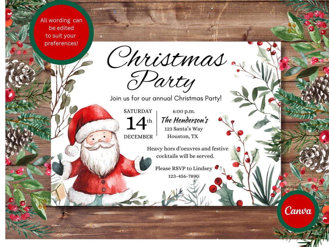 Editable Christmas Party Invitation: Santa, Festive Design (canva Edit ...