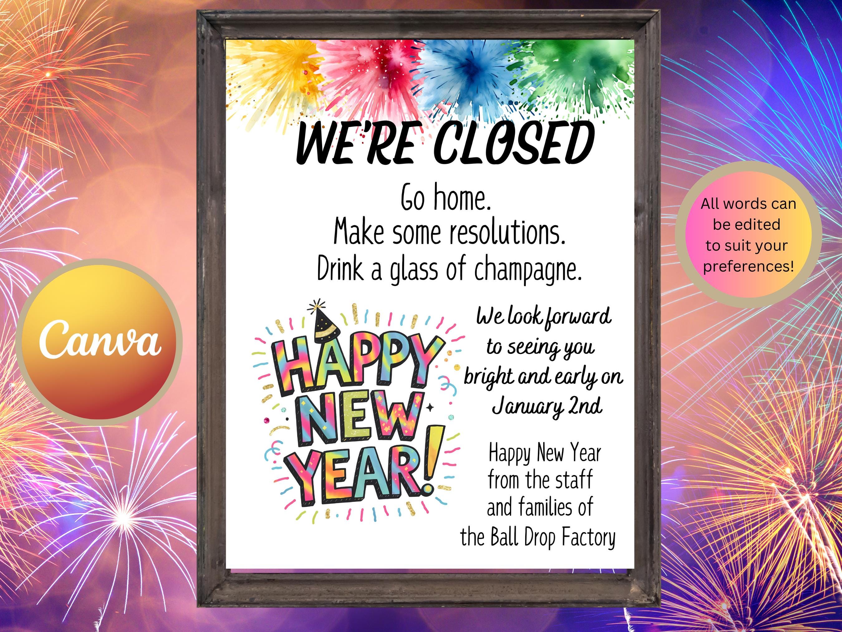 Editable New Year's Closed Sign: Business Holiday Hours (canva Template ...