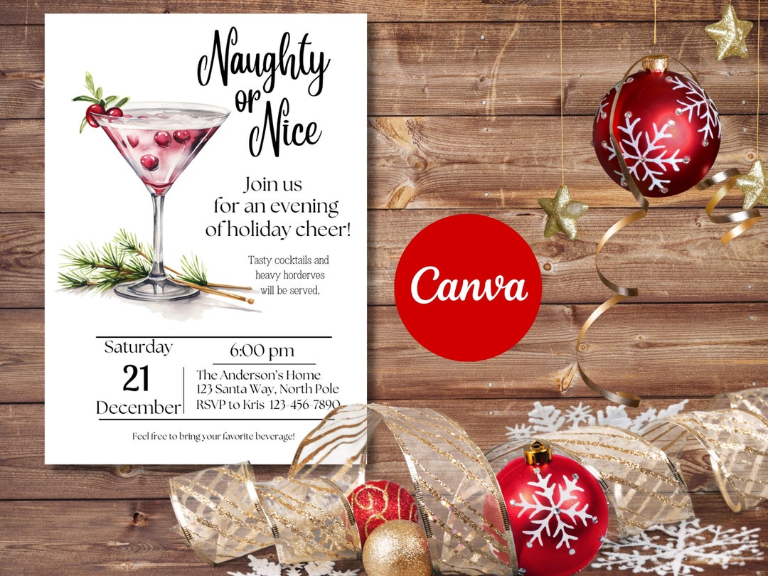 Naughty or Nice Christmas Party Invitation, Santa Cocktail, Editable ...