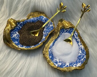 Oyster Chinoiserie Salt and Pepper Set With Golden Spoons Oyster Salt ...
