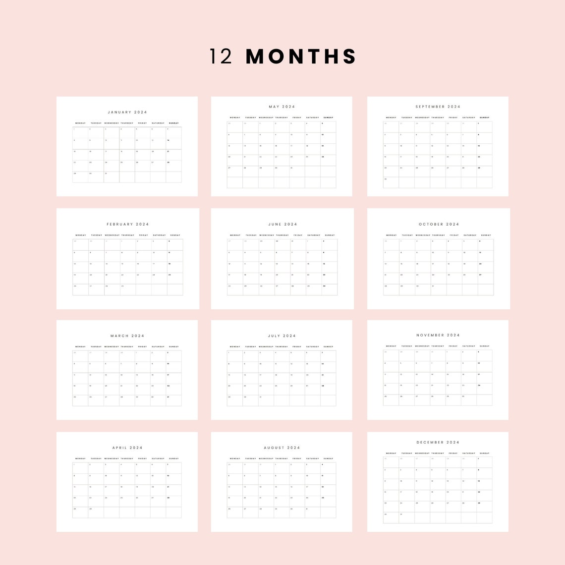 2024 Calendars Jan Dec Fill in Calendar 2024 Monthly Planner Digital ...