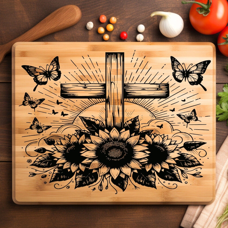 Sunflower Cross Laser Engraving Design | Faith & Butterfly SVG / PNG ...