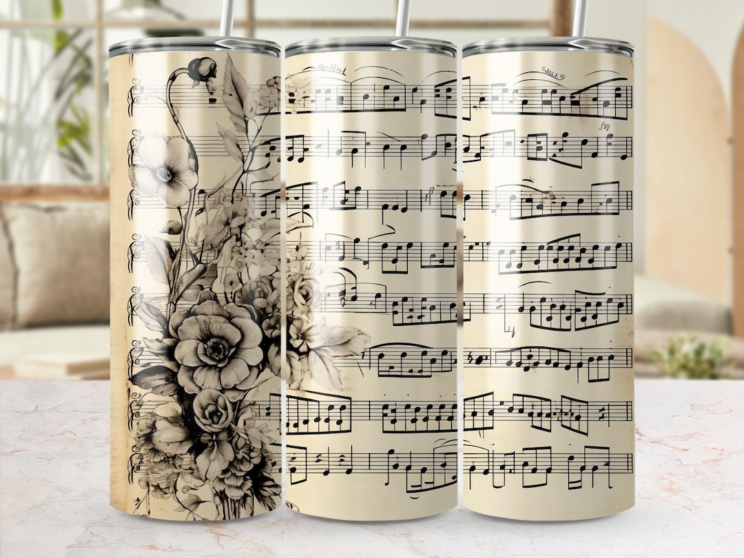 Sheet Music Tumbler Wrap PNG, Musical Notes and Flowers 20oz Skinny ...