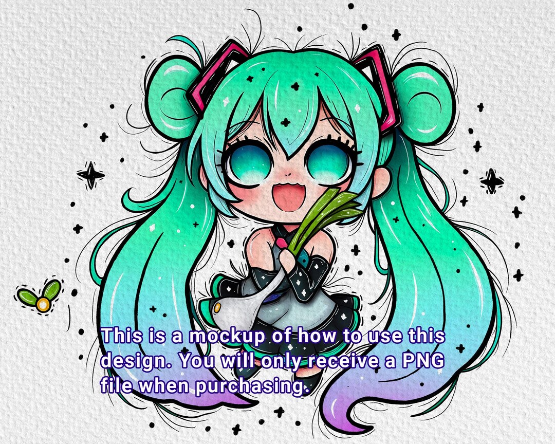 Adorable Hatsune Miku Chibi Fan Art PNG, Miku With a Long Green Leek ...