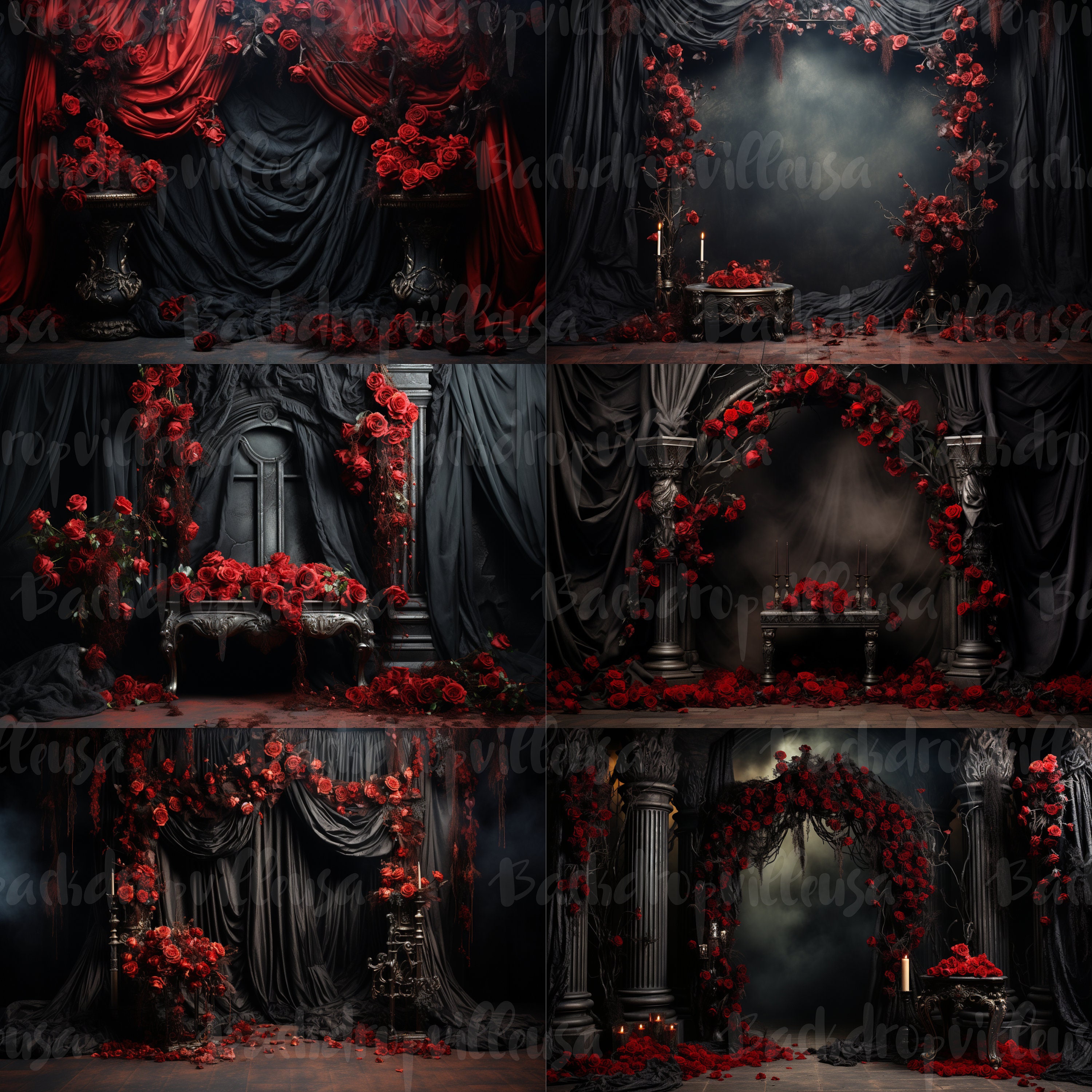 Gothic Floral Red Roses Dark Halloween Vampire Digital Backdrop ...