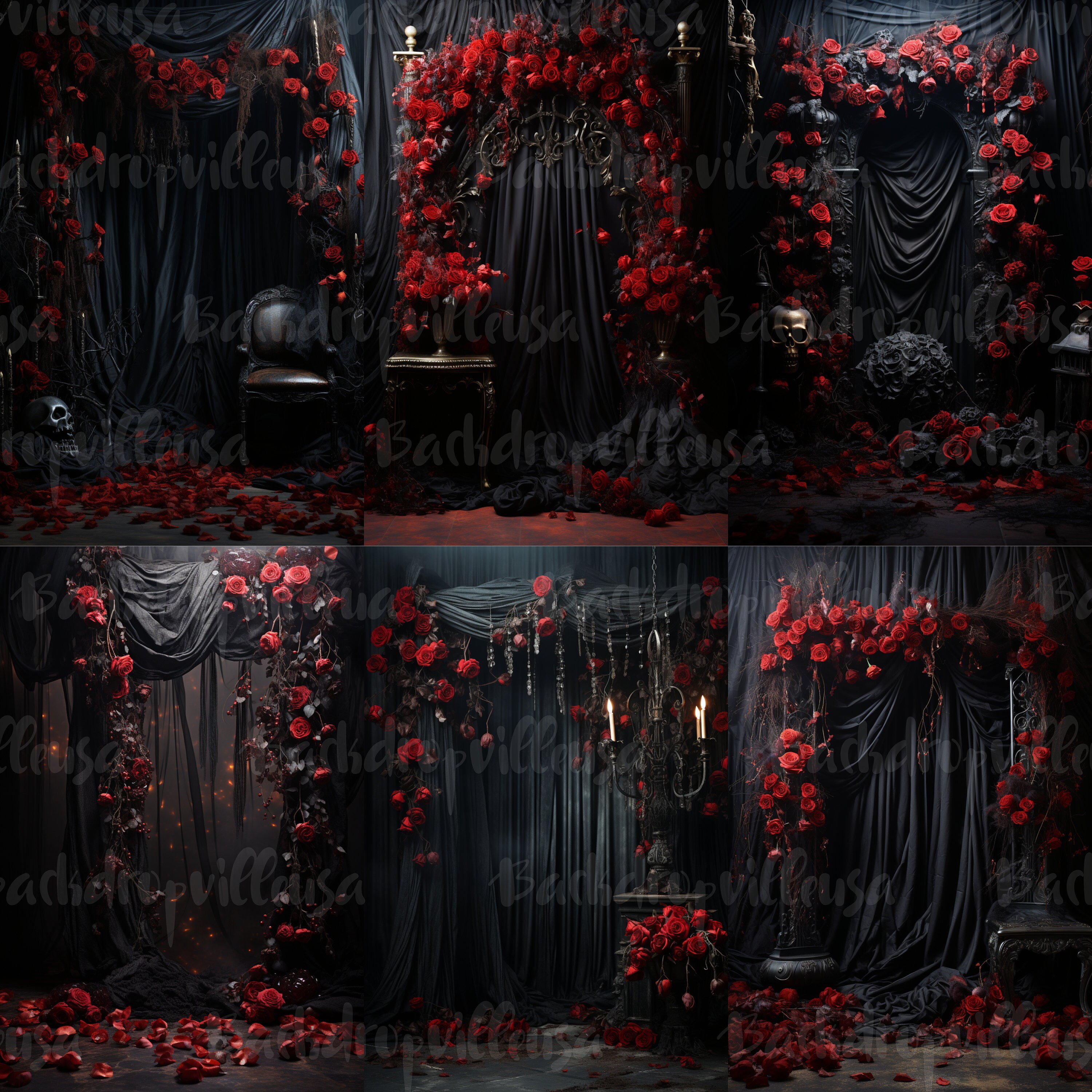 Gothic Floral Red Roses Dark Halloween Vampire Digital Backdrop ...