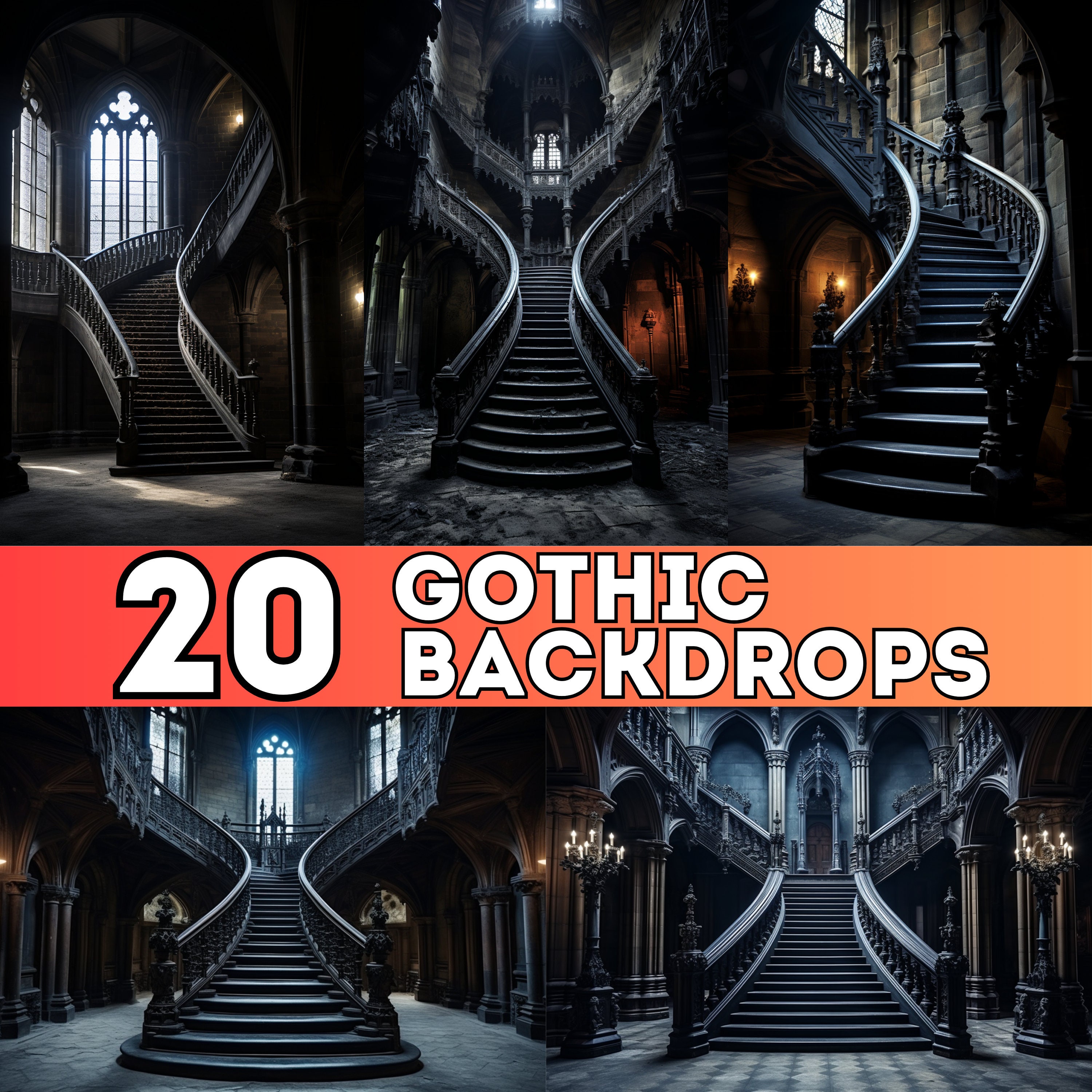 Gothic Staircase Castle Dark Halloween Vampire Digital Backdrop ...