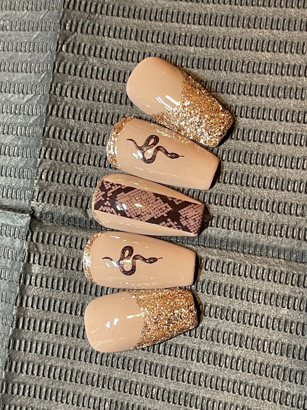 Tan With Glitter Medium Coffin Press on Nails | Glue on Nails | Medium ...