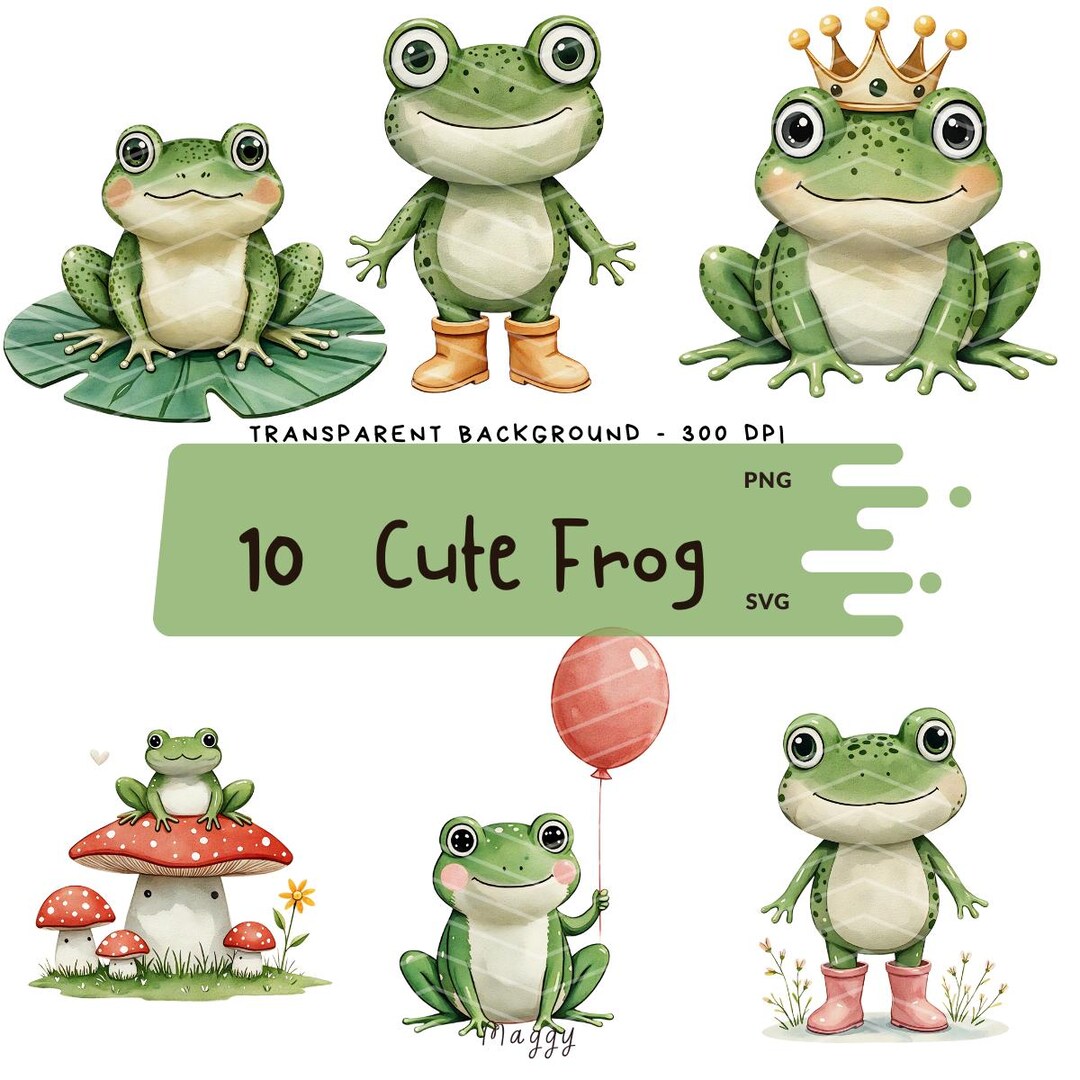 Frog Clipart Bundle, Watercolor Frog PNG, Pond Animals SVG, Spring Clip ...
