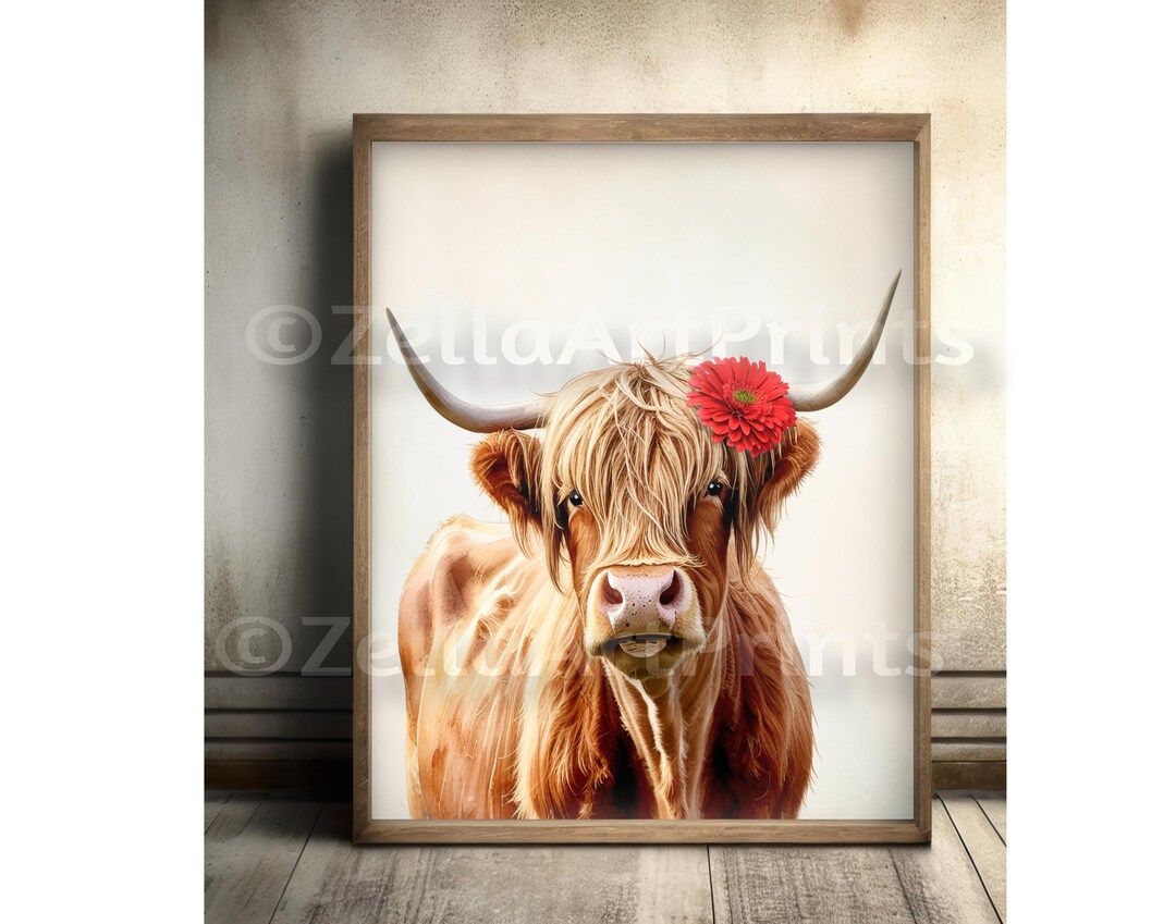 Highland Cow Print, Gerbera Daisy Art, Boho Farm Wall Art, Over the ...