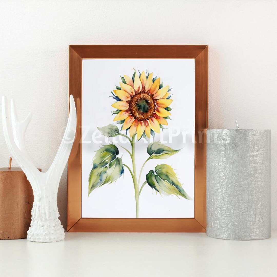 Botanical Sunflower Watercolor Painting, Farmhouse Decor, Wildflower ...