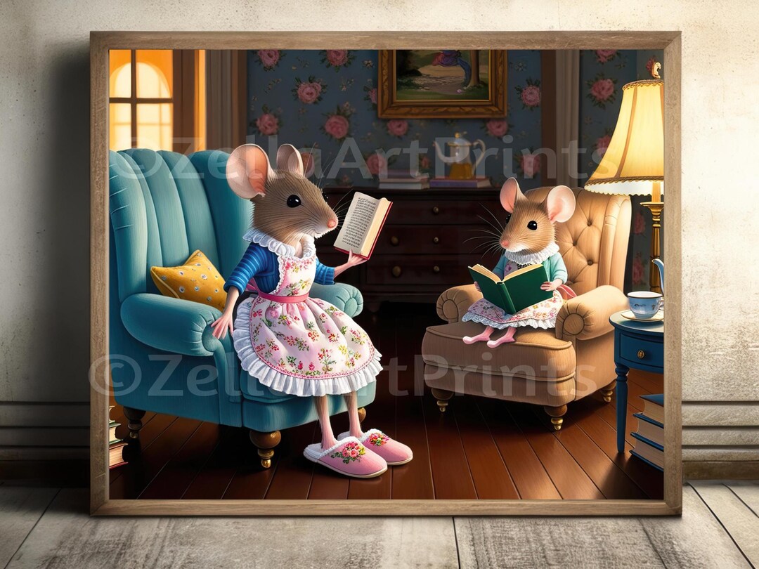 Mouse Story Time Digital Painting, Mouse Nursery Print, Mice Print Art ...