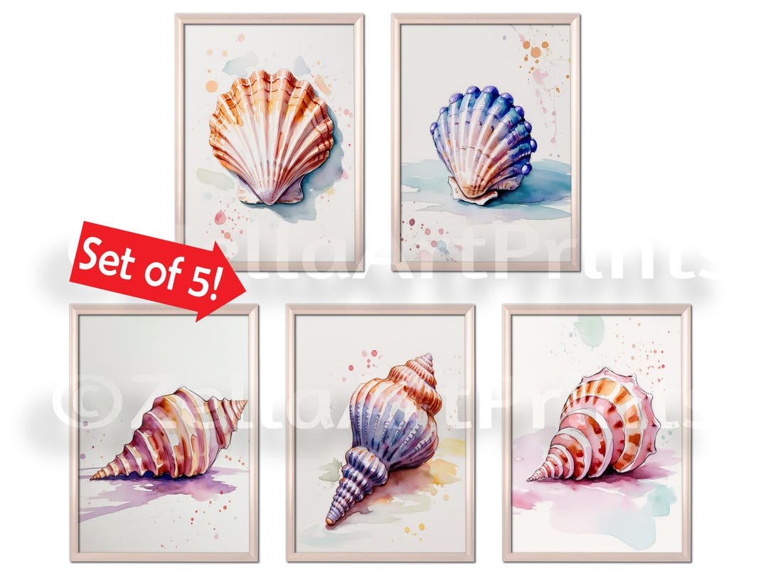 Shell Watercolor Print, Set of 5, Beach Decor, Watercolor Coastal Print ...