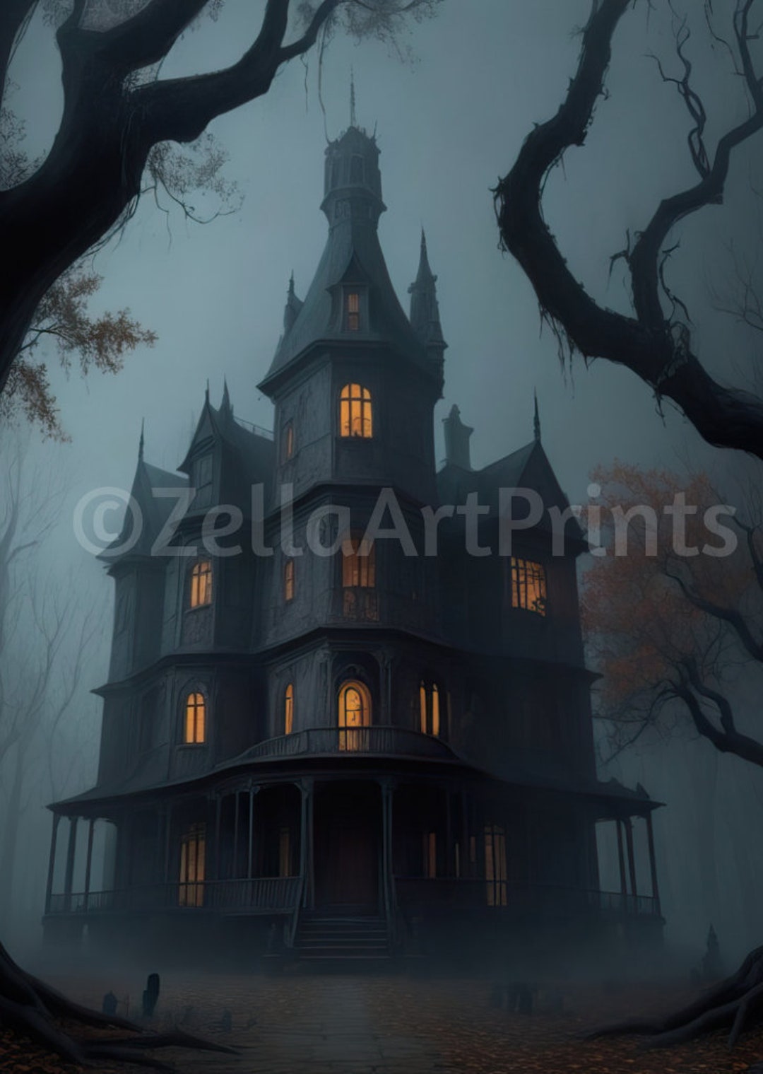 Haunted House Wall Art, Printable Halloween Art, Spooky Mansion Drawing ...