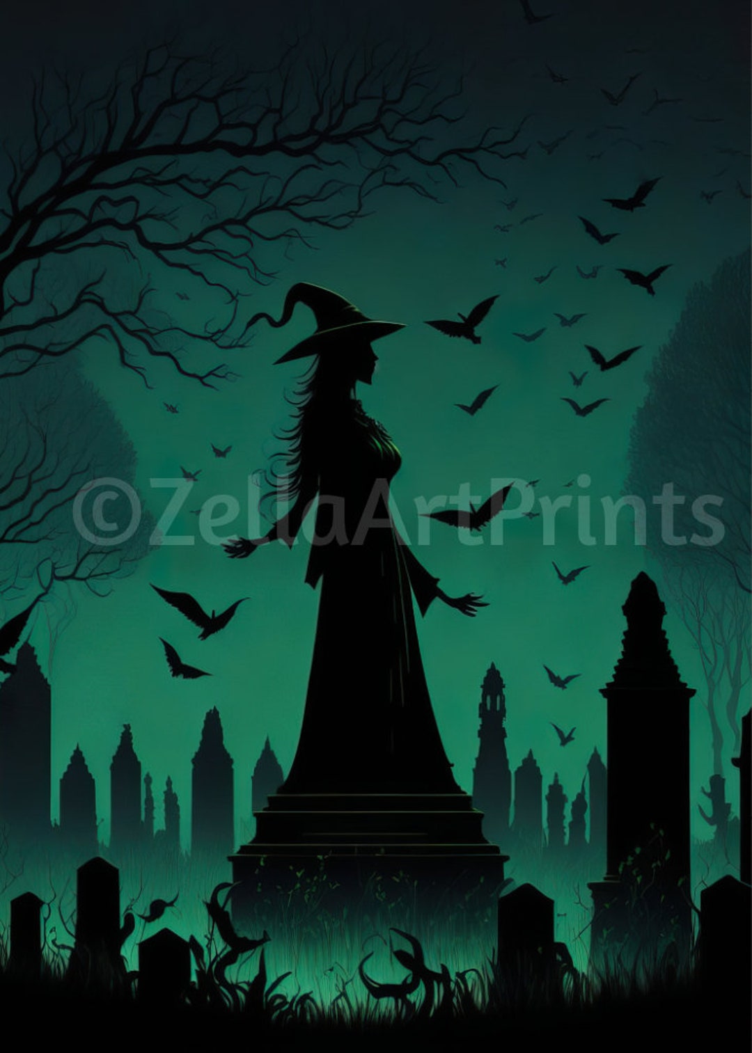 Graveyard Witch Wall Art, Printable Halloween Art, Bats Graves Artwork ...