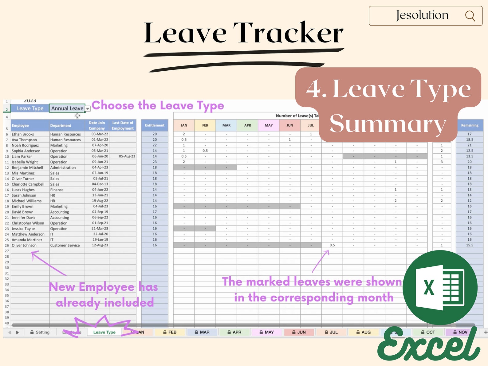 Leave Tracker Excel Template (100 Employee) | Absence Tracker, Leave ...