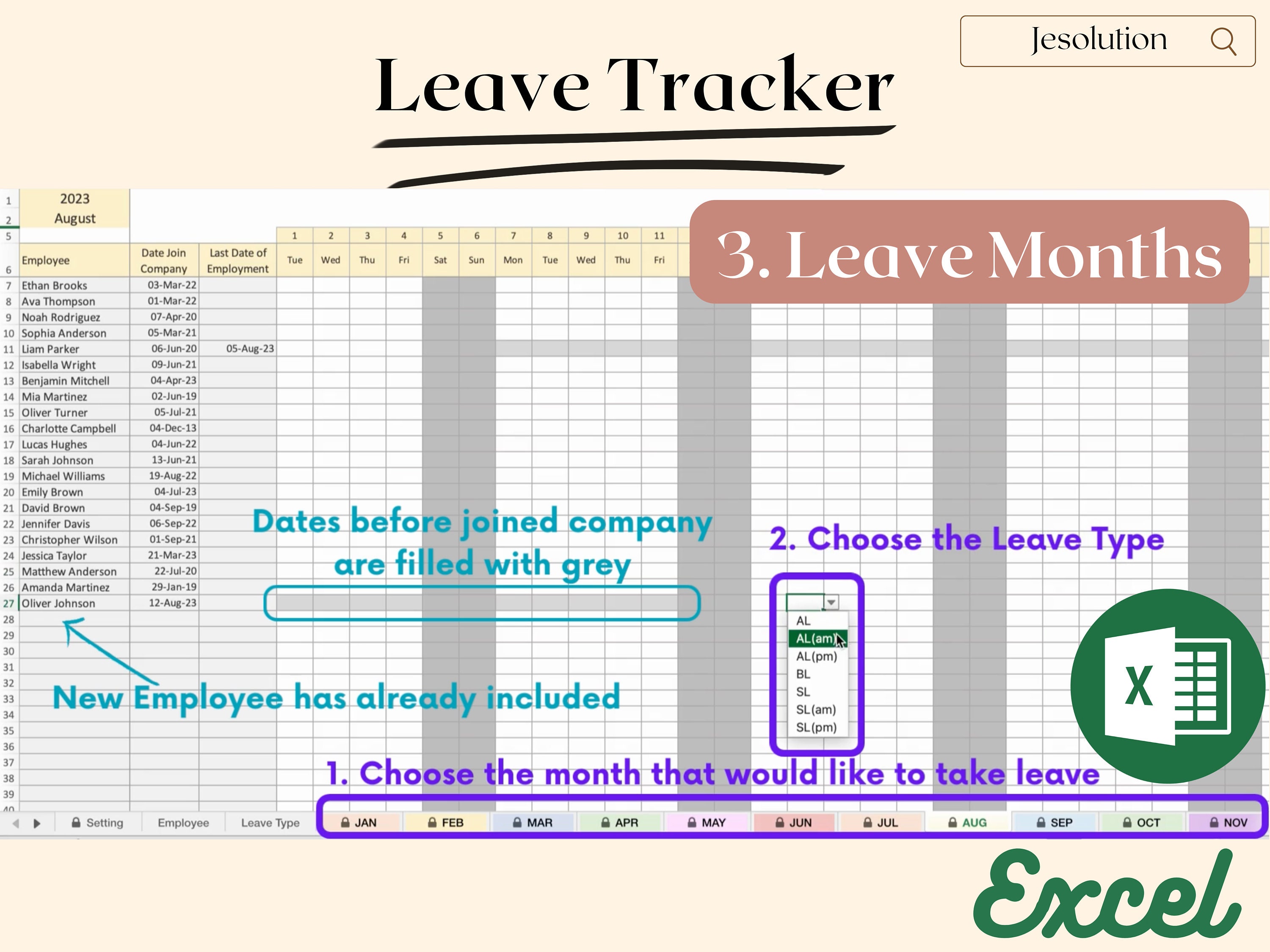 Leave Tracker Excel Template (100 Employee) | Absence Tracker, Leave ...