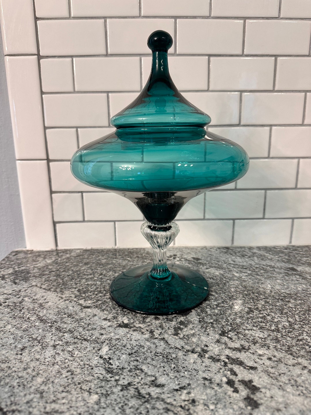 MCM EMPOLI ITALY Teal Glass Apothecary Jar Candy Dish Swirl Stem Lidded ...