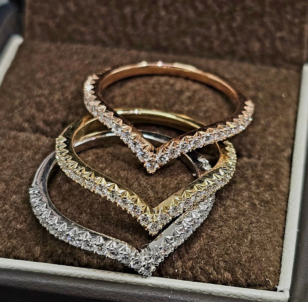 14k Solid Gold Diamond Victory Ring / Full V Shape Stackable Diamond ...