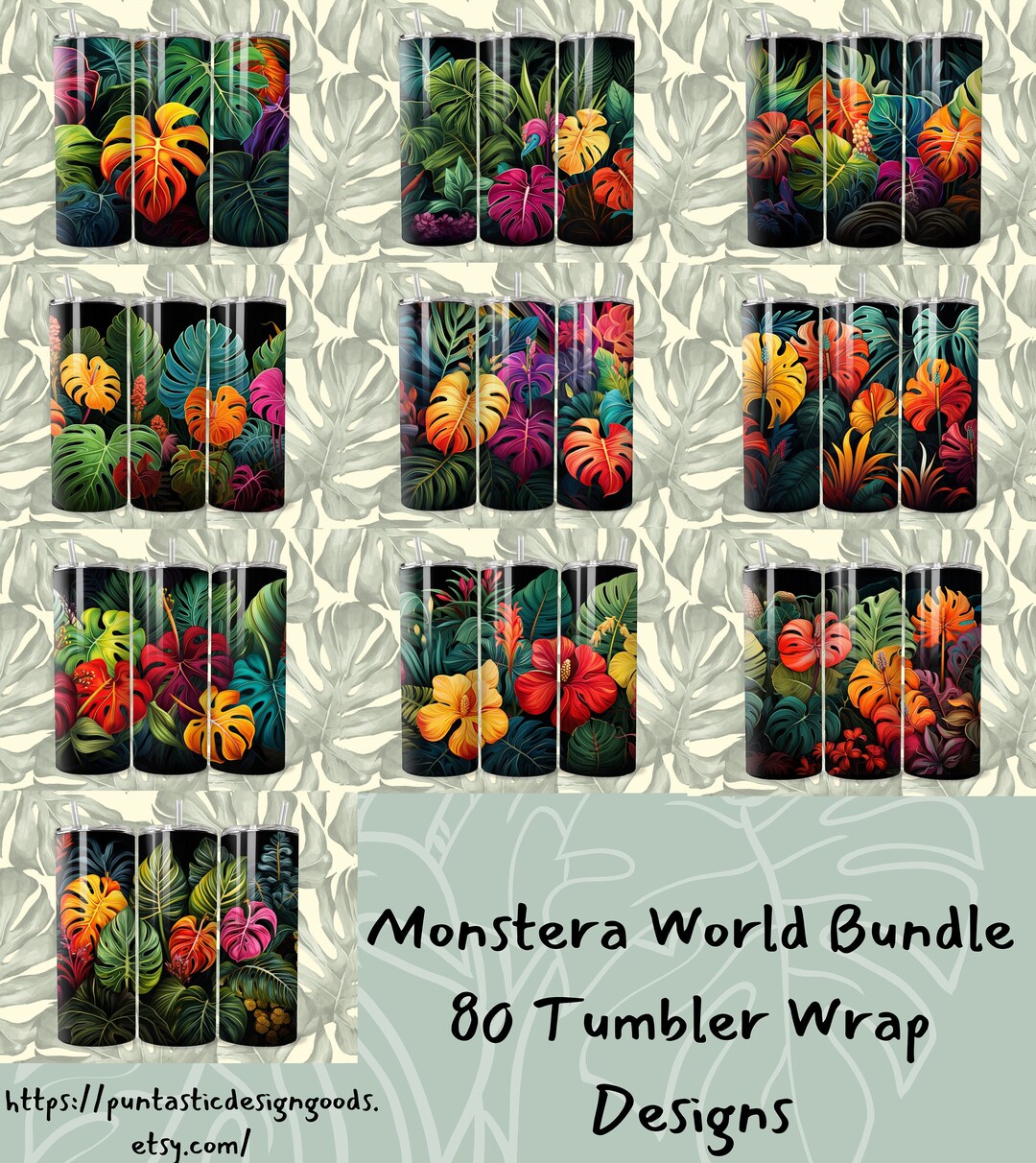 Monstera World Tumbler Wrap Bundle of 80 Digital Downloads PNG Downloadable 20 Oz Skinny Tumbler ...