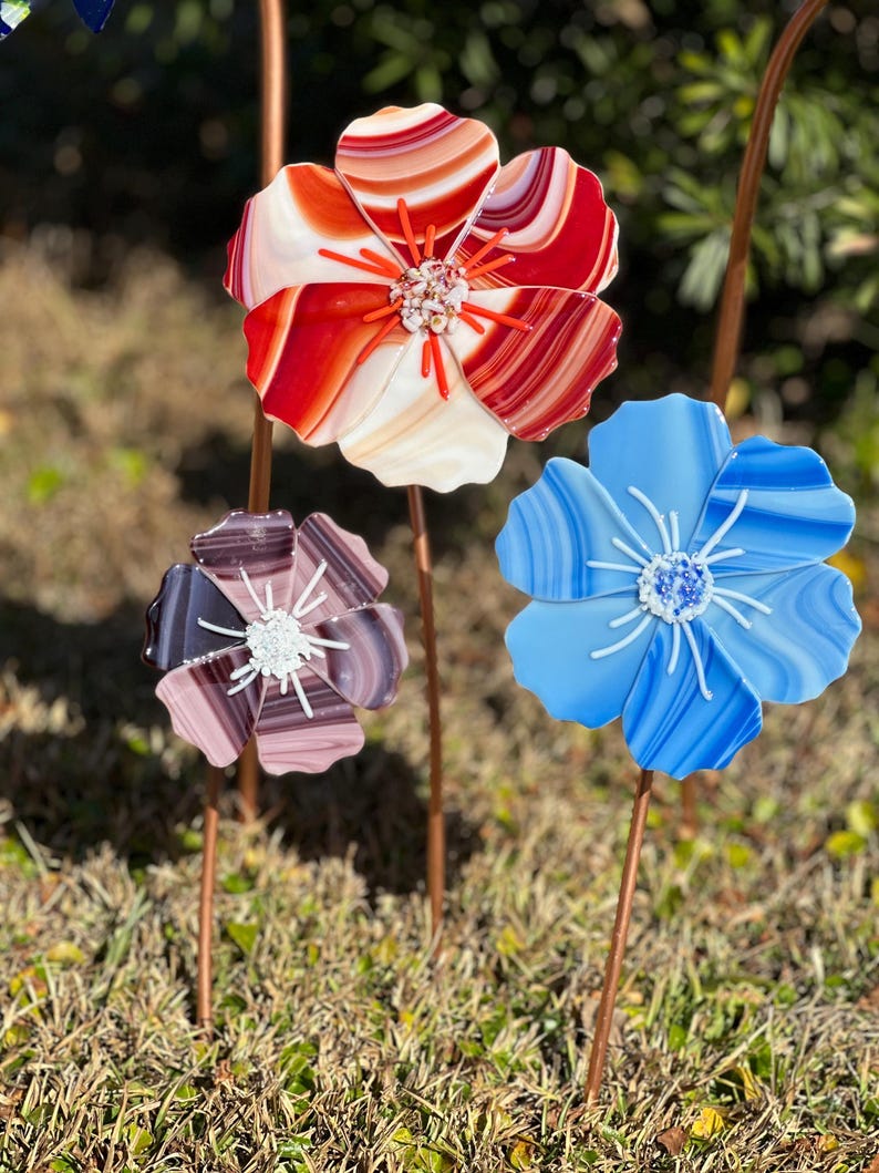 Fused Glass Flowers 3 Pack / Yard or Garden Art/ Small, Medium & Large ...