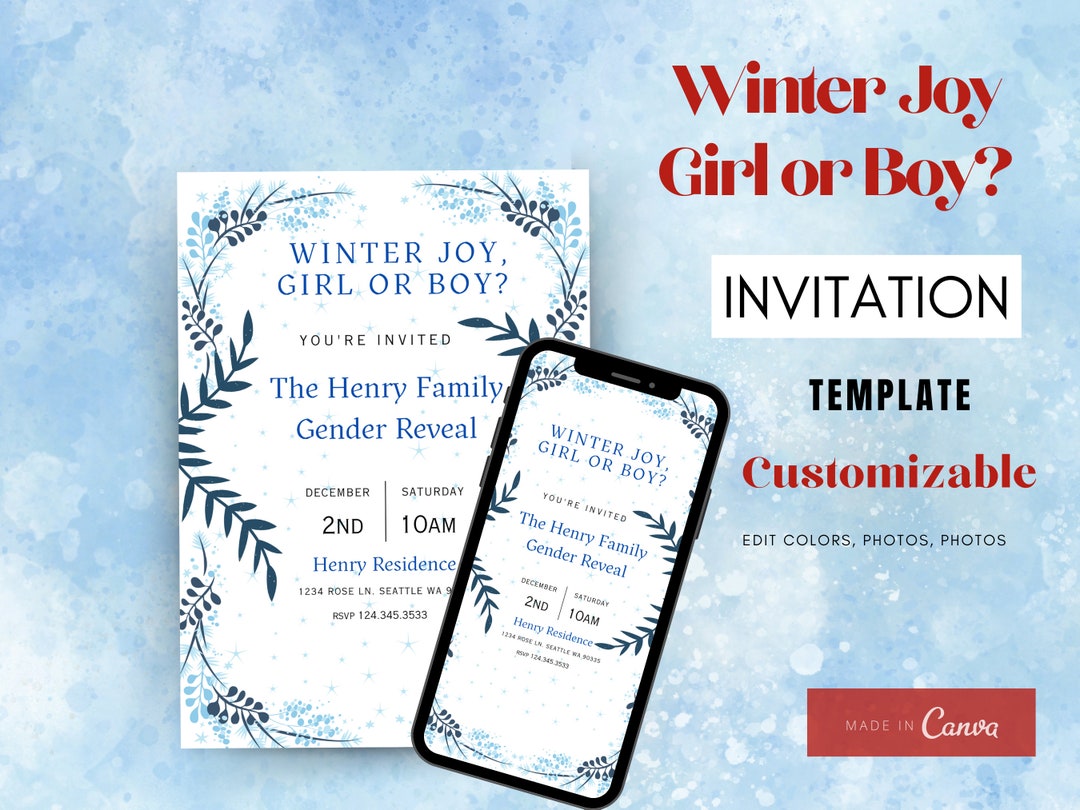 Winter Joy Girl or Boy Gender Reveal Invitation Instant - Etsy