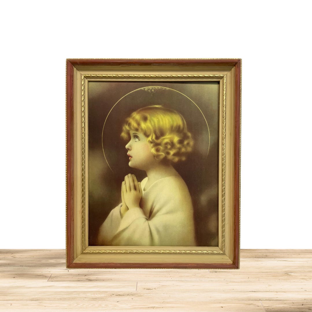 ANTIQUE DEVOTION LITHOGRAPH Framed Child Praying, Isola Art, Religious ...
