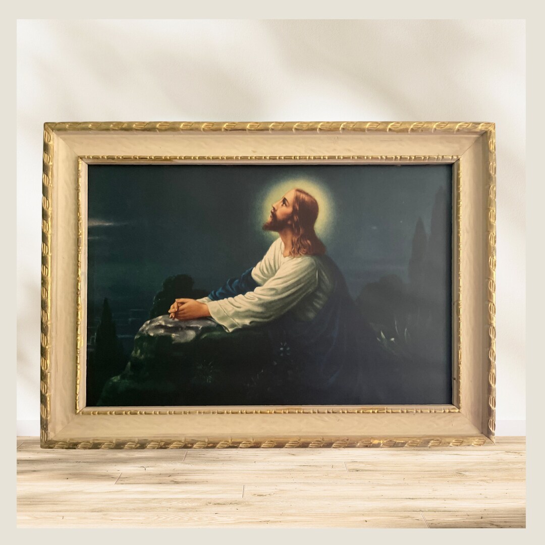VINTAGE JESUS PRAYING Framed Original Print, Jesus Religious Picture in ...