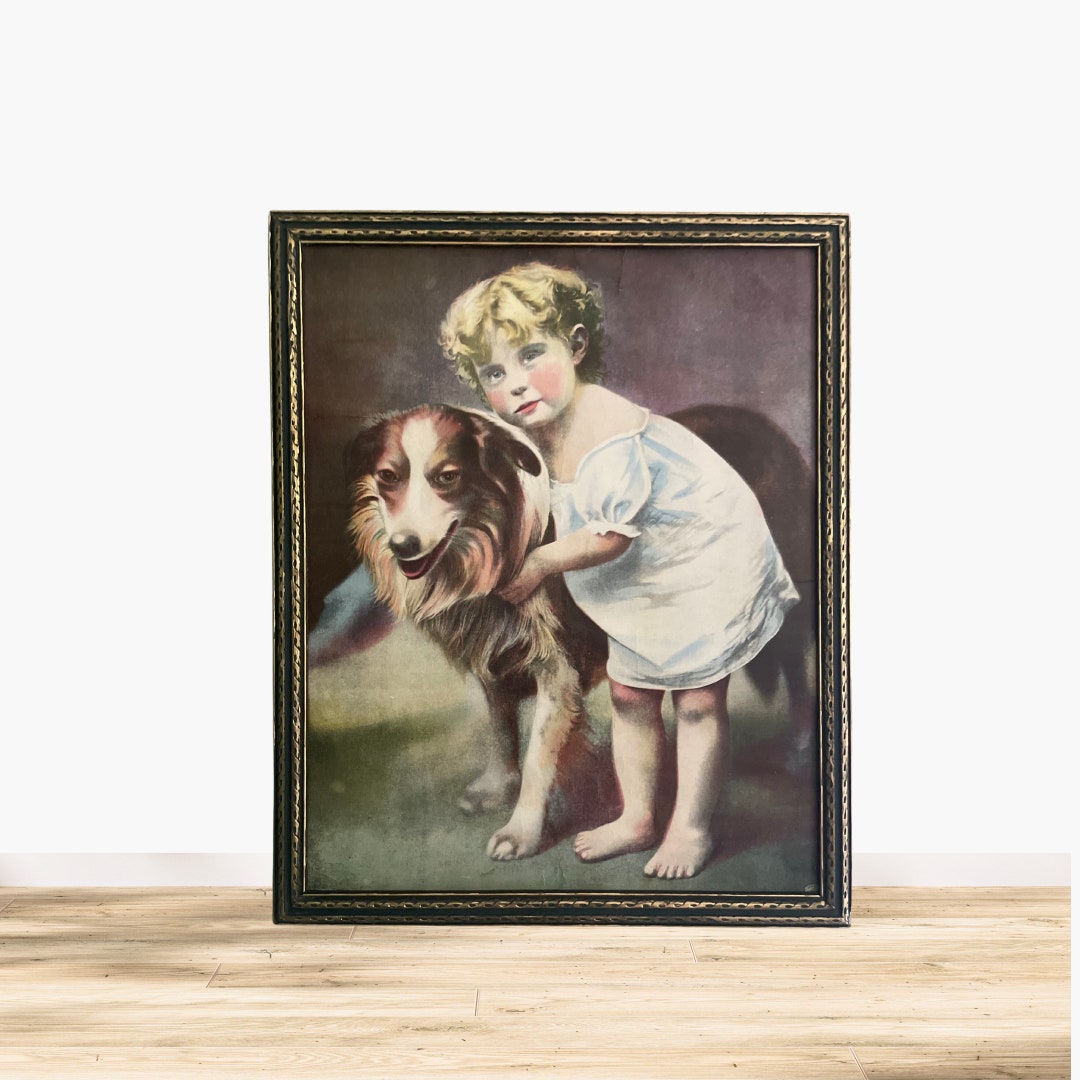 Victorian PRINT 1903 Framed Girl With Dog, Original Wood Frame! - Etsy