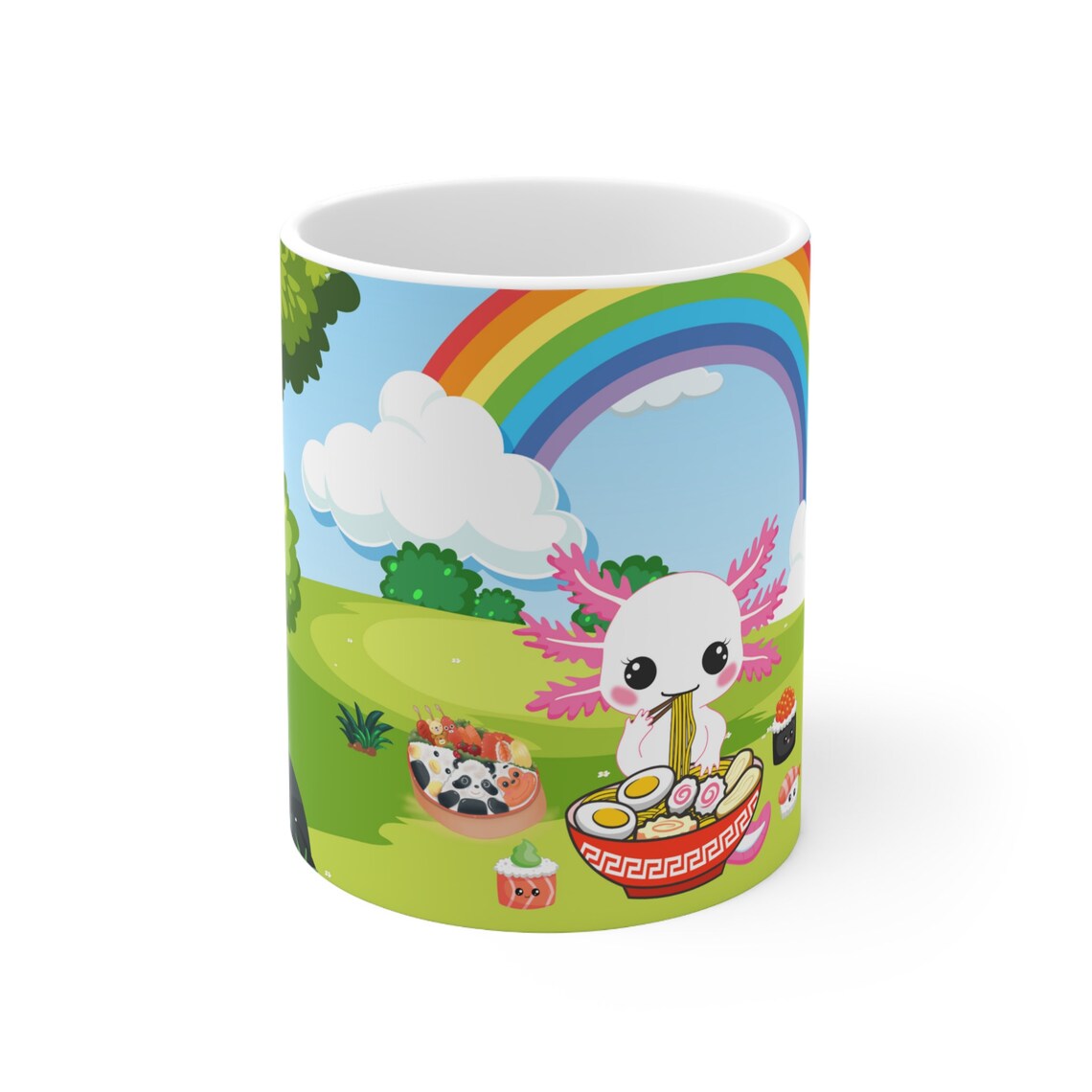 Cute Axolotl Eating Ramen & Sushi Ceramic Mug 11oz Kawaii Fun Gift for ...