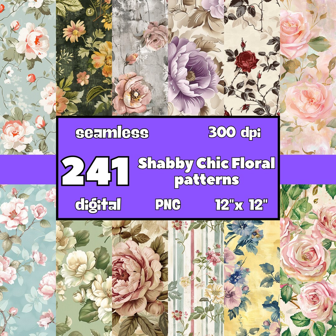 Bundle Floral Digital Paper Shabby Chic Seamless Flowers Retro Vintage ...