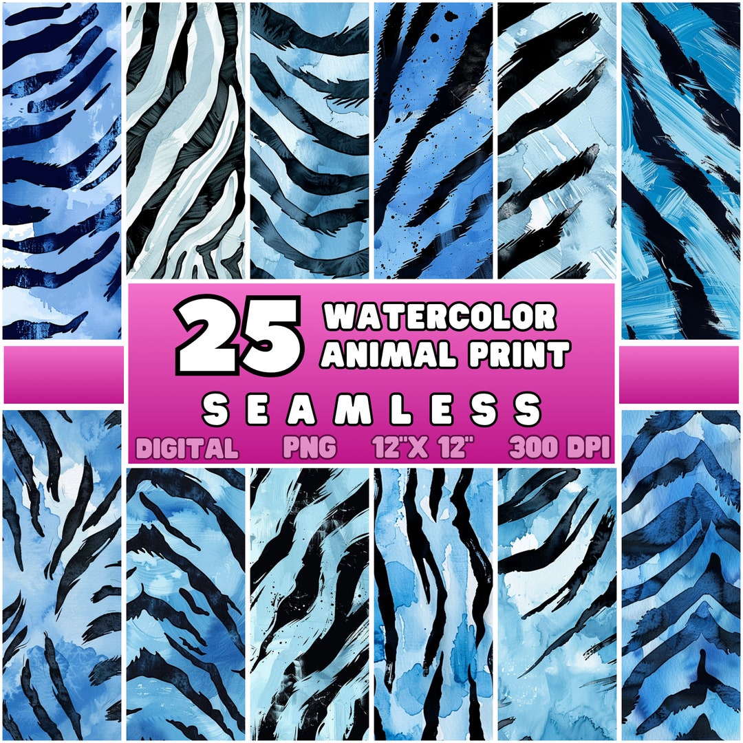 Digital Paper Animal Print Safari Blue Tiger Skin Seamless Watercolor ...