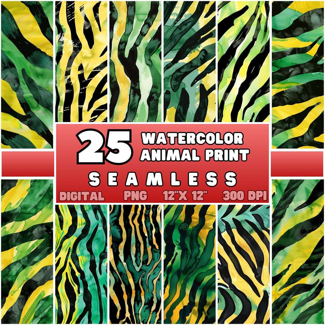 Digital Paper Animal Print Green Zebra Safari Skin Seamless Watercolor ...